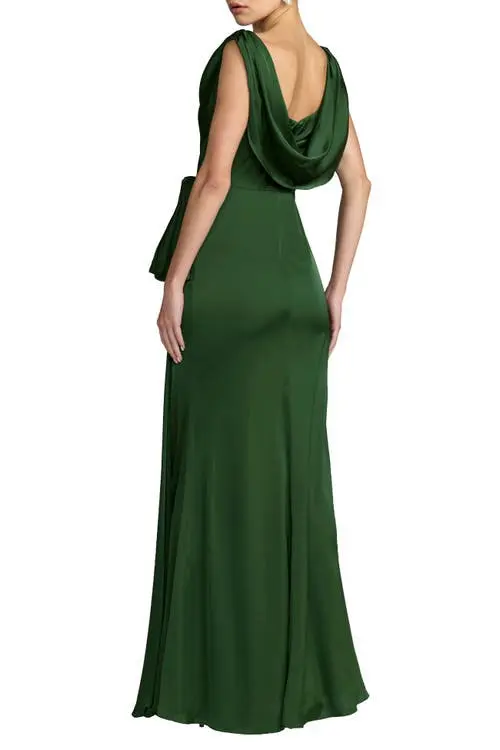 Mac Duggal Sleeveless Cowl Neck Gown With Statement Bow Detail And High Slit