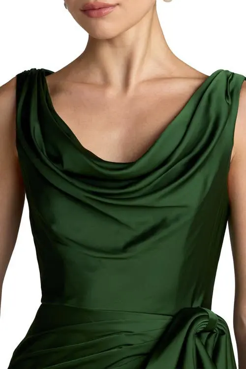 Mac Duggal Sleeveless Cowl Neck Gown With Statement Bow Detail And High Slit