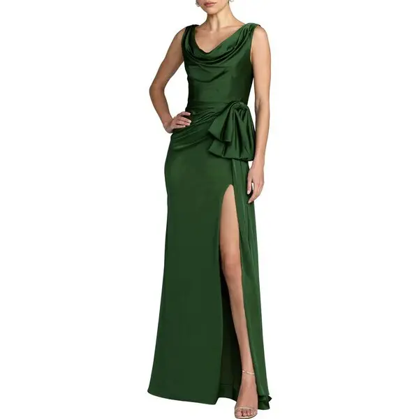 Mac Duggal Sleeveless Cowl Neck Gown With Statement Bow Detail And High Slit - Emerald