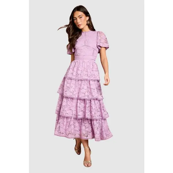 Coast Tiered Lace Flutter Sleeve Midi Dress - Lilac