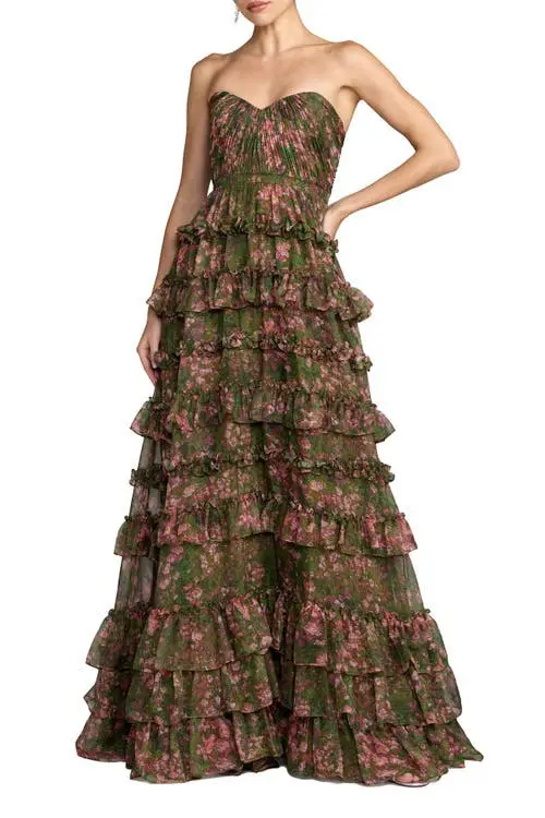 Mac Duggal Strapless Tiered Ruffle Ball Gown - Green Multi