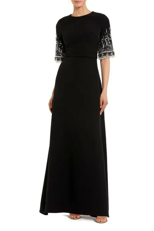 Mac Duggal Petite Crepe A Line Gown With Beaded 3/4 Sleeves - Black