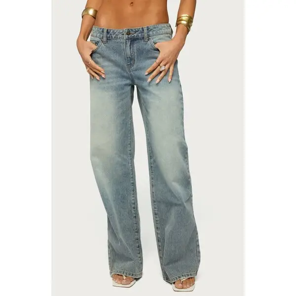EDIKTED Raelynn Washed Low Rise Baggy Wide Leg Jeans - Tidal-blue