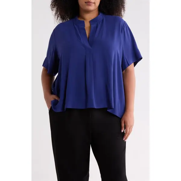Eileen Fisher Split Neck Silk Short Sleeve Top - Infty