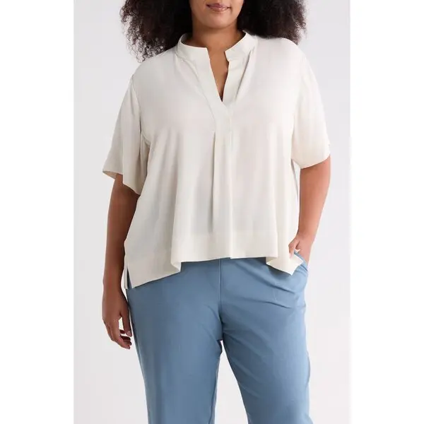 Eileen Fisher Split Neck Silk Short Sleeve Top - Plstr