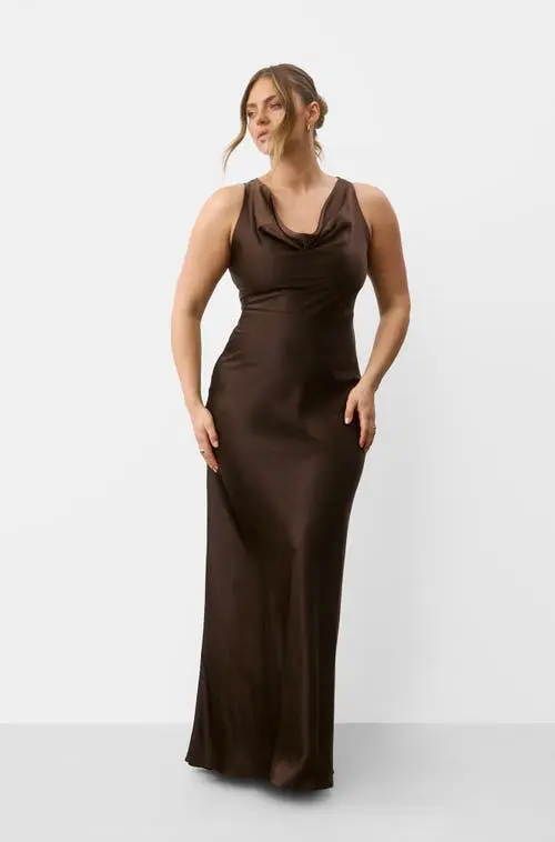 SIX STORIES Cowl Front Satin Bridesmaid Dress - Chocolate