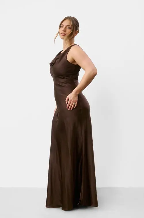 SIX STORIES Cowl Neck Satin Maxi Dress
