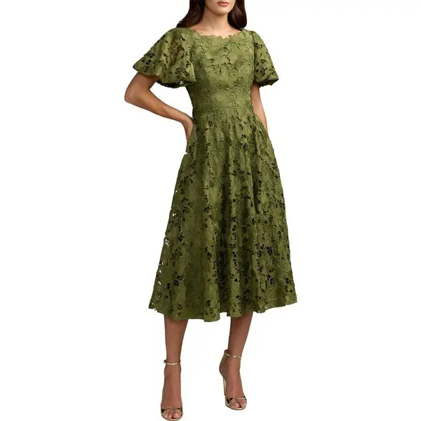 Mac Duggal Floral Lace Flutter Sleeve Midi Dress - Olive