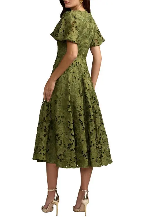 Mac Duggal Floral Lace Flutter Sleeve Midi Dress