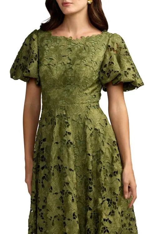 Mac Duggal Floral Lace Flutter Sleeve Midi Dress