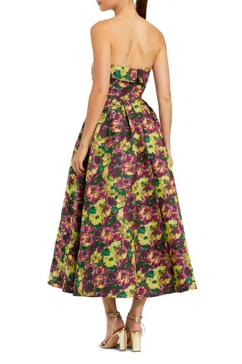 Mac Duggal Strapless Floral Brocade A-line Midi Dress