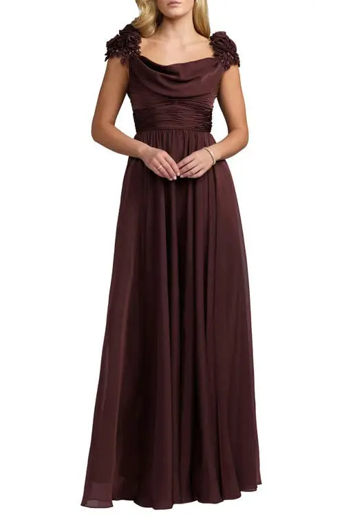 Mac Duggal Chiffon Cowl Neck Embellished Cap Sleeve Gown - Amethyst