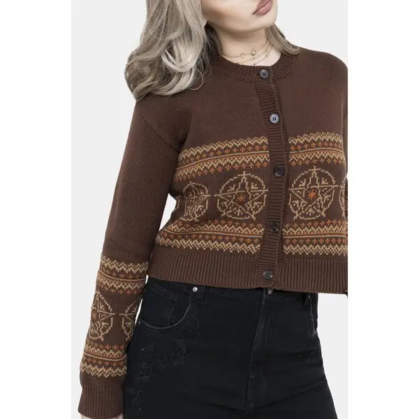 DISTURBIA Olympia Pentagram Fairisle Knit Cardigan - Brown