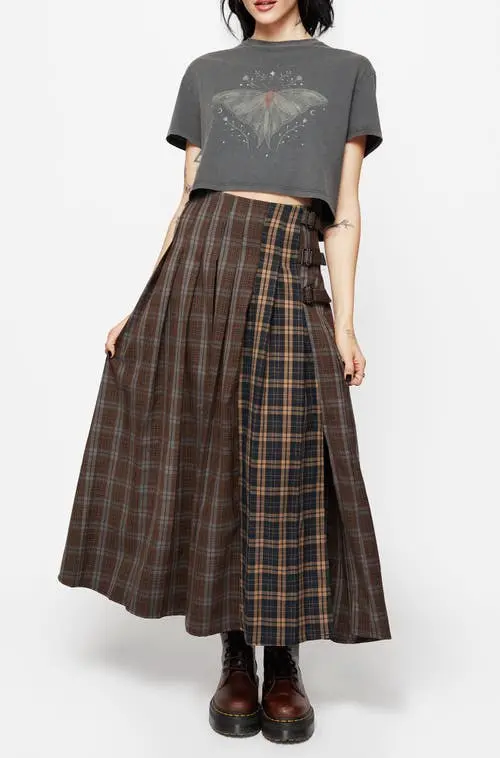 DISTURBIA Raven Pleated Check Buckle Maxi Skirt - Brown