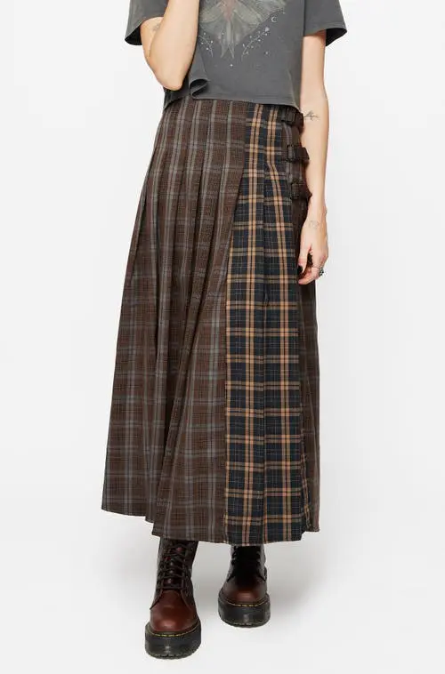 DISTURBIA Pleated Check Buckle Maxi Skirt