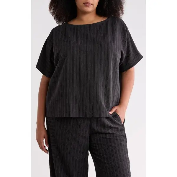 Eileen Fisher Print Bateau Neck Top - Blkwh