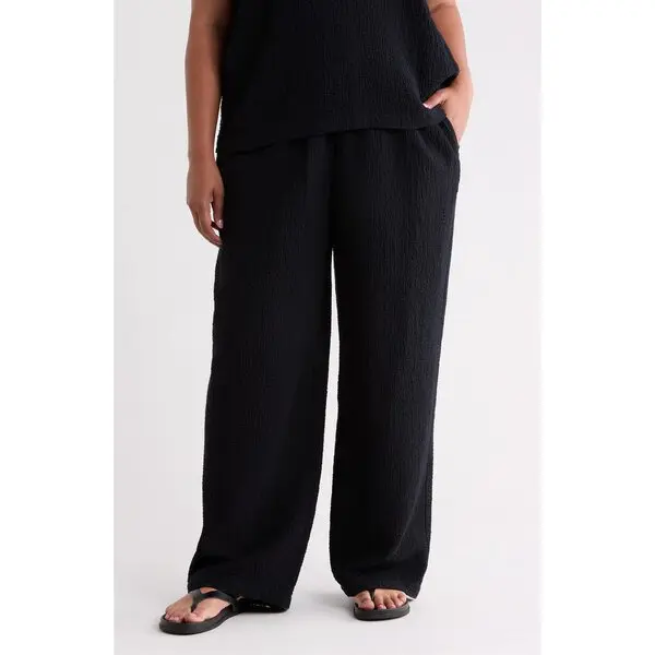 Eileen Fisher Crinkled Organic Cotton Drawstring Pants - Black