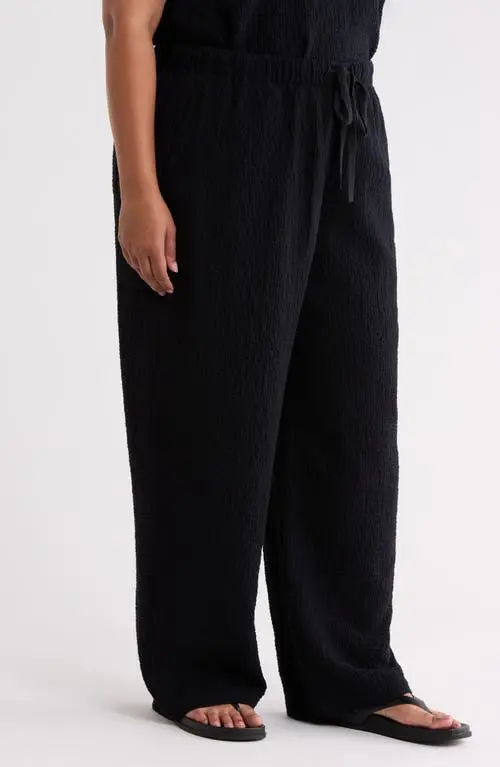 Eileen Fisher Crinkled Organic Cotton Drawstring Wide Leg Pants - Black