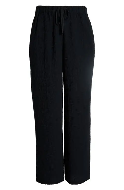 Eileen Fisher Crinkled Organic Cotton Drawstring Wide Leg Pants - Black