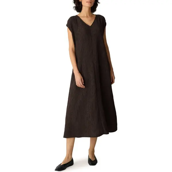 Eileen Fisher V-neck Crinkle Midi Dress - Truffle