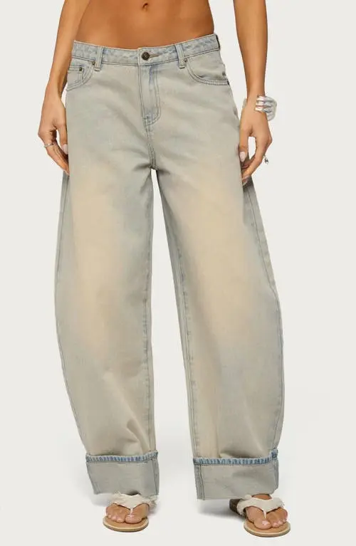 EDIKTED Kella Low Rise Baggy Cuffed Wide Leg Jeans - Light-blue