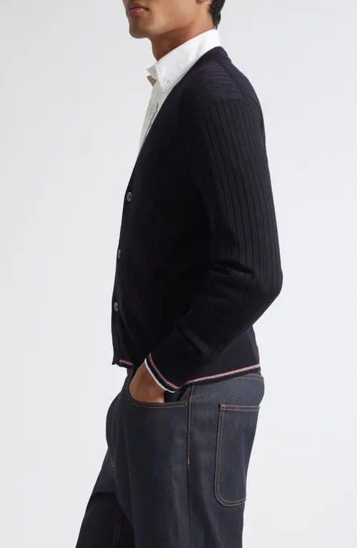 Thom Browne Rib Stitch Stretch Wool V-neck Cardigan
