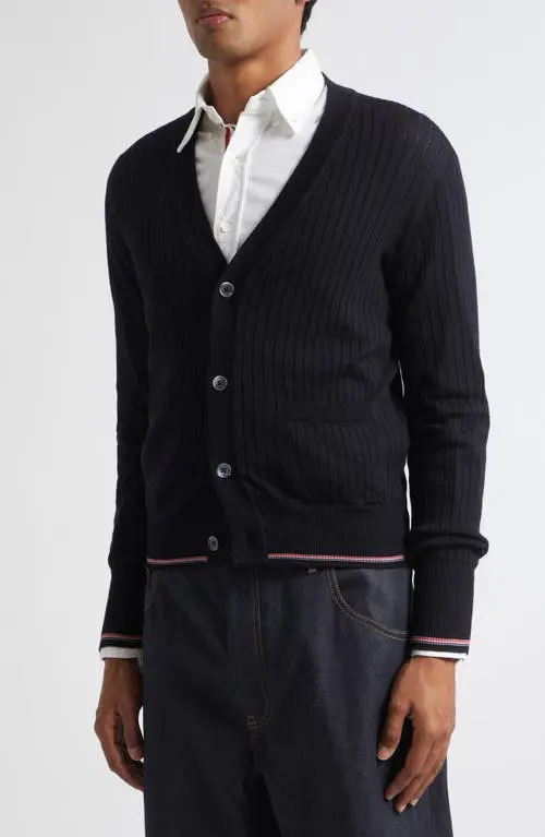 Thom Browne Rib Stitch Stretch Wool V-neck Cardigan