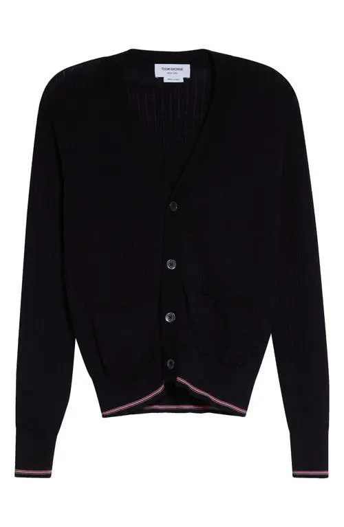 Thom Browne Rib Stitch Stretch Wool V-neck Cardigan