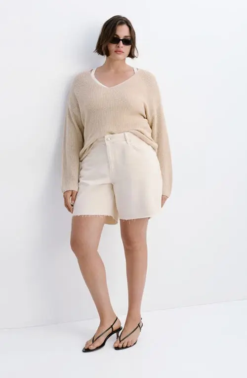 Mango Low Rise Straight Leg Denim Bermuda Shorts - Ecru