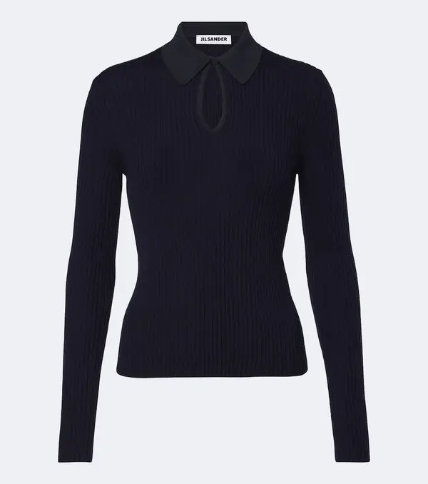 JIL SANDER Cutout Ribbed-knit Wool Polo Sweater - Blue