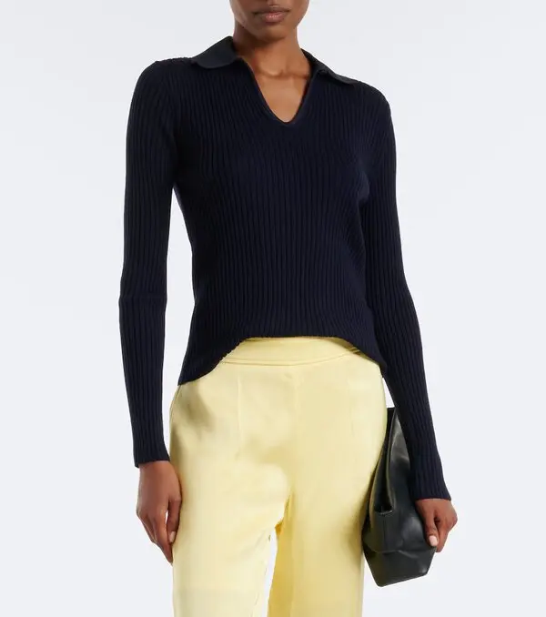 JIL SANDER Cutout Ribbed-knit Wool Polo Sweater