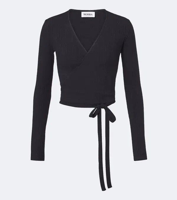 NORBA Ribbed-knit Wrap Top - Black