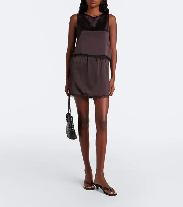 LESET Lace-trimmed Satin Miniskirt - Brown