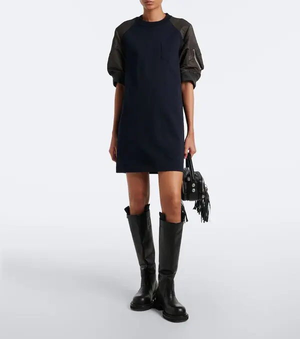 Sacai Cotton Mini Dress With Nylon Sleeves