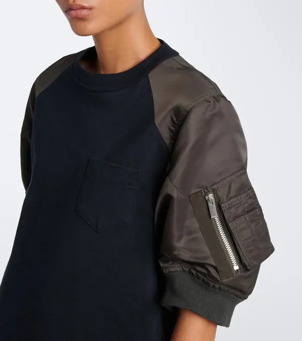 Sacai Cotton Mini Dress With Nylon Sleeves