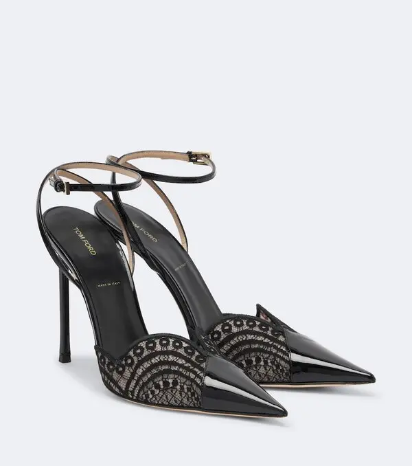TOM FORD Lace And Patent Leather Pointed Toe Pumps - Black