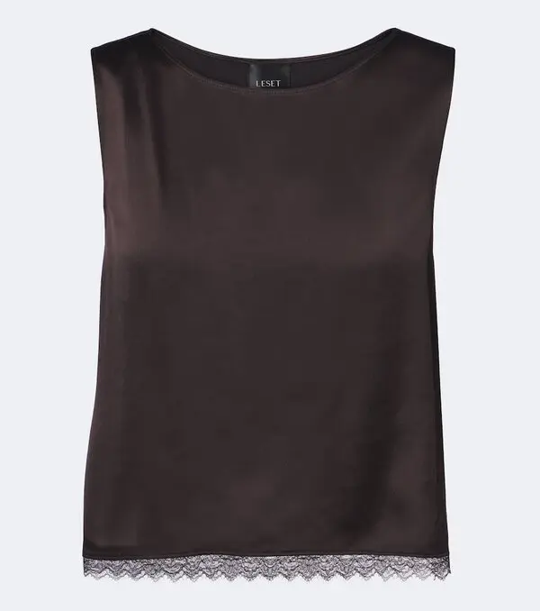 LESET Barb Lace-trimmed Satin Crop Top - Brown
