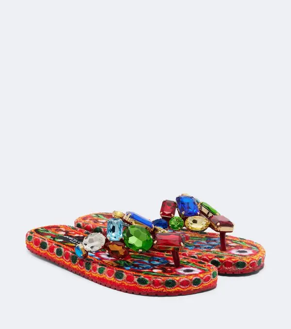 Dolce & Gabbana Embellished Leather Thong Sandals - Multicoloured