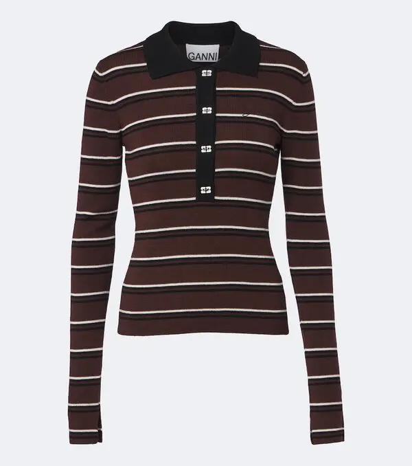 GANNI Striped Wool Polo Sweater - Brown
