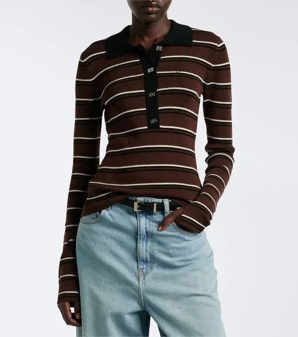 GANNI Striped Wool Polo Sweater - Brown