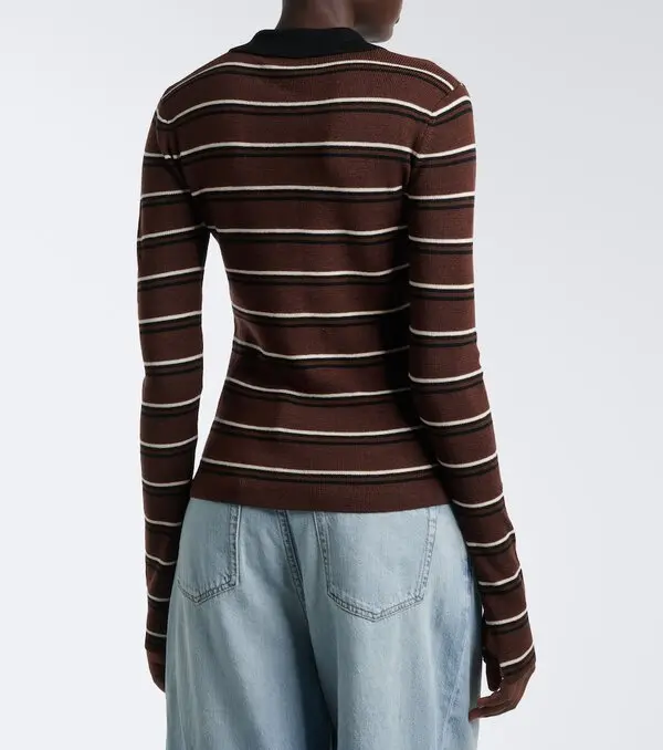 GANNI Striped Wool Polo Sweater - Brown