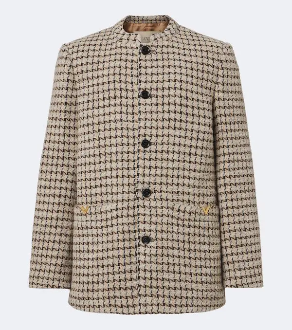 Valentino Garavani Houndstooth Wool And Silk-blend Bouclé Blazer - Beige