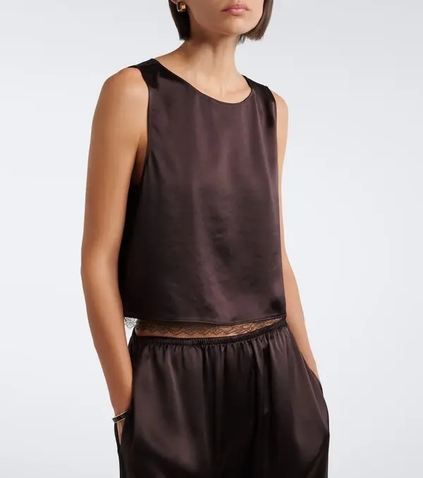 LESET Lace-trimmed Satin Crop Top - Brown