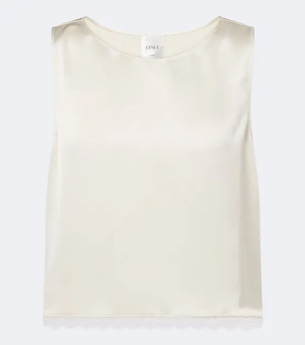 LESET Barb Lace-trimmed Satin Crop Top - White