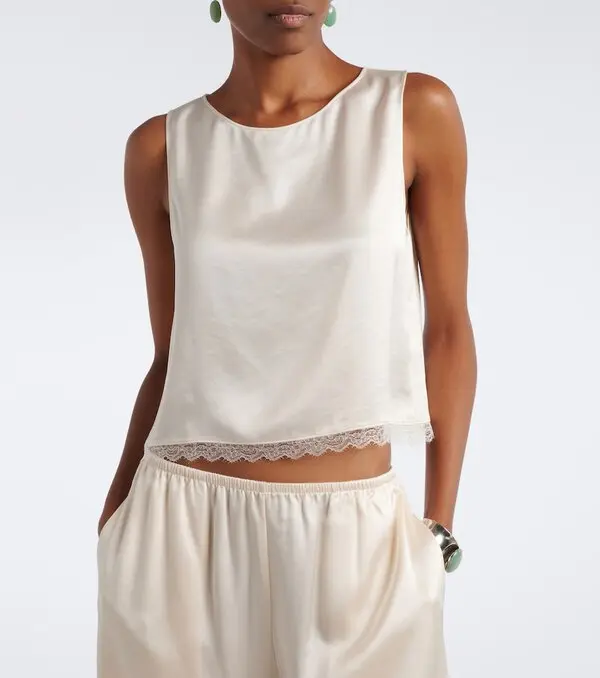 LESET Lace-trimmed Satin Crop Top - White