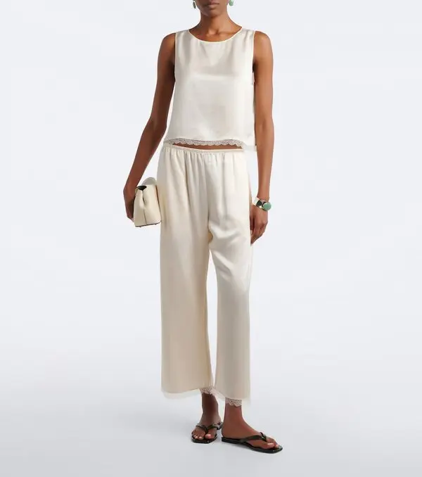 LESET Lace-trimmed Satin Crop Top - White