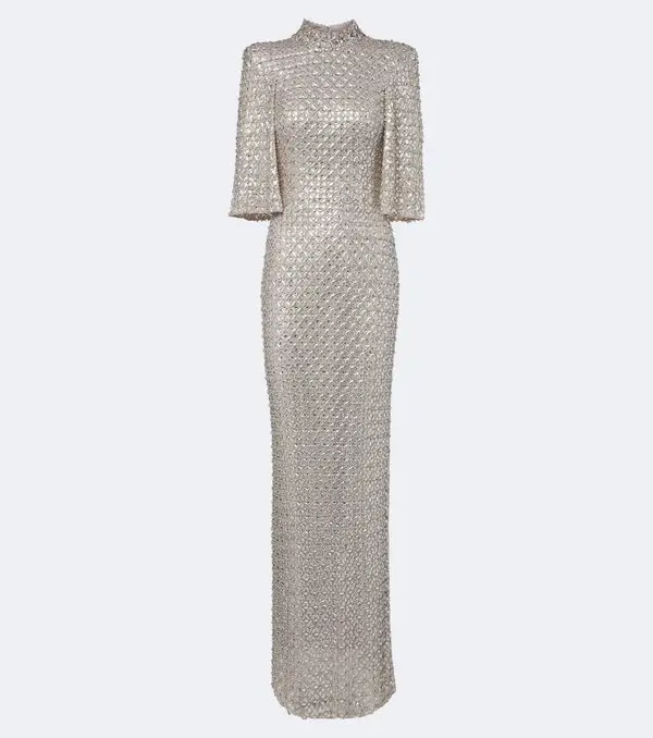 Jenny Packham Sedona Embellished Mesh Gown - Silver