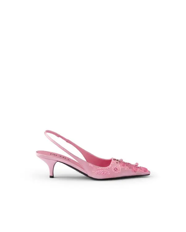 Prada Embroidered Satin Slingback Pumps