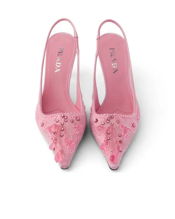Prada Embroidered Satin Slingback Pumps