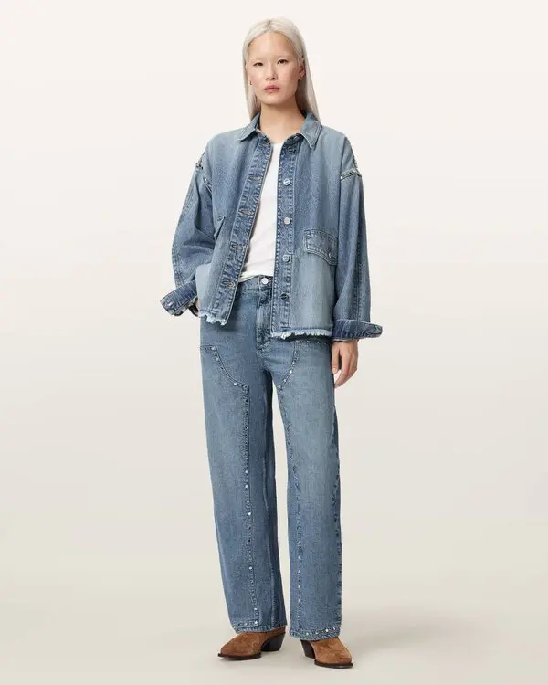 ALLSAINTS Sadie Barrel Leg Stud Denim Jeans - Blue